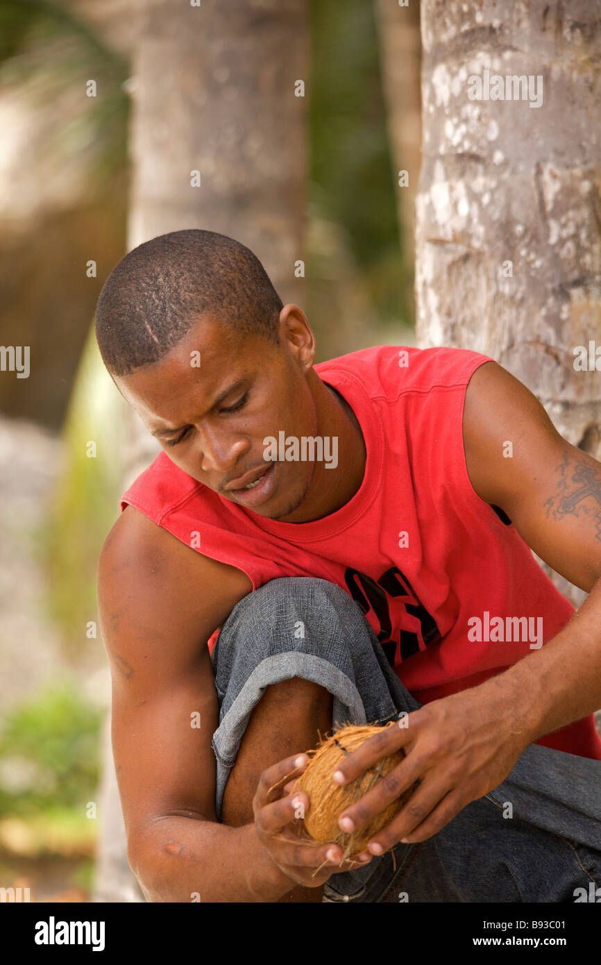 Young Bajan man opening fresh coconut at "Crane Beach", Barbados, "West ...