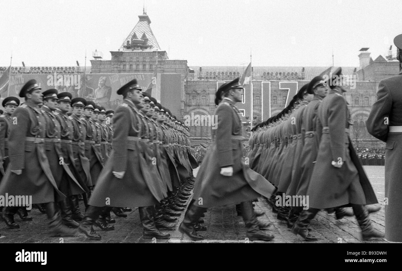 Servicemen marching during a military parade marking the 60th ...