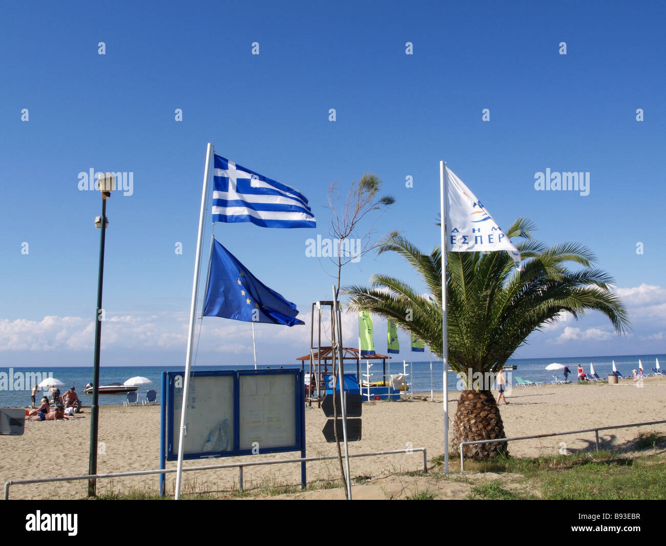 European, Greek and Esperion flags on Sidari Beach, Corfu, Greece Stock ...