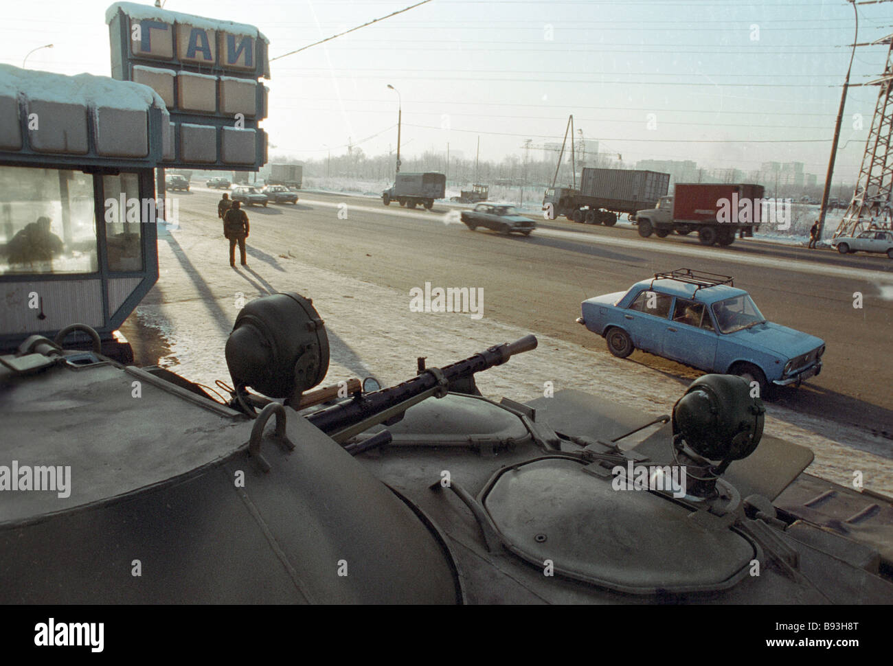 Armored personnel carrier at a traffic police post on the Moscow Ring ...