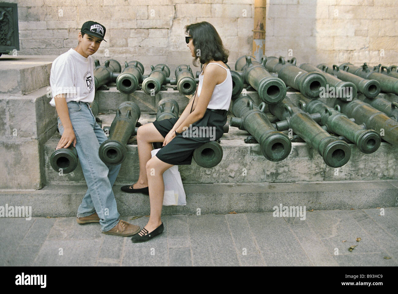 Ancient guns lined up outside the Arsenal building of the Moscow ...