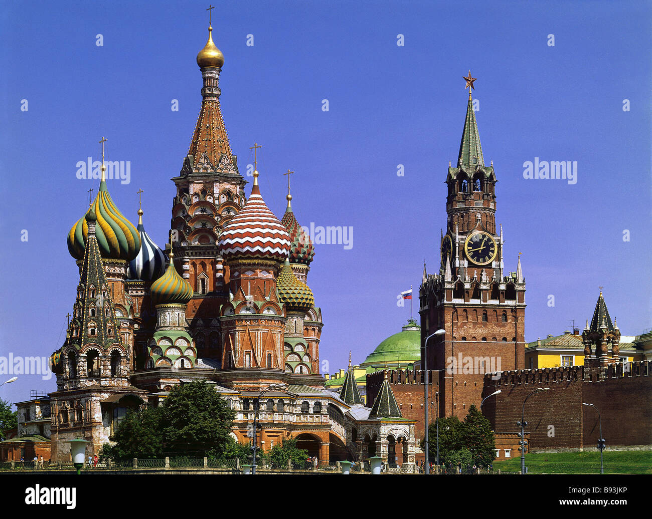View of the St Basil Church and the Savior Tower in Red Square Stock ...