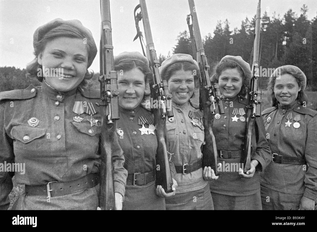 Five female snipers ready for battle The 2nd Baltic Front Stock Photo ...