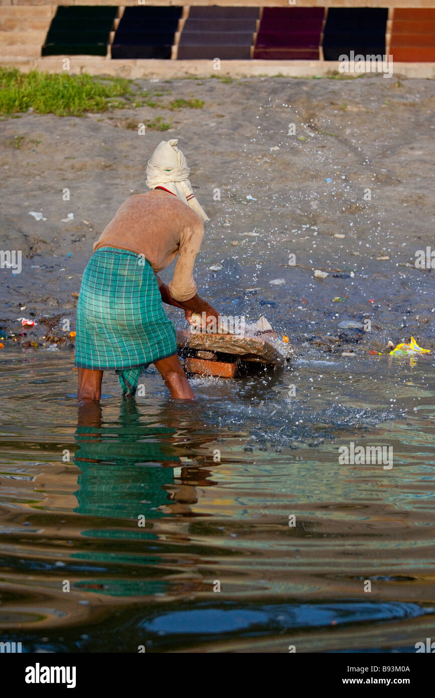 Dhobi Ghat Washing Clothes in the Ganges River in Varanasi India Stock ...