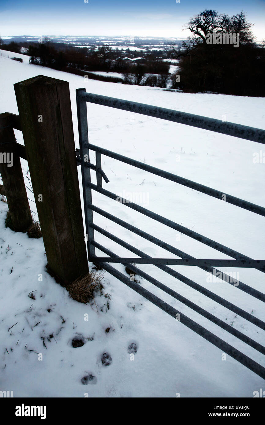 Farm gate leading to snow covered fields near the Dorset village of ...
