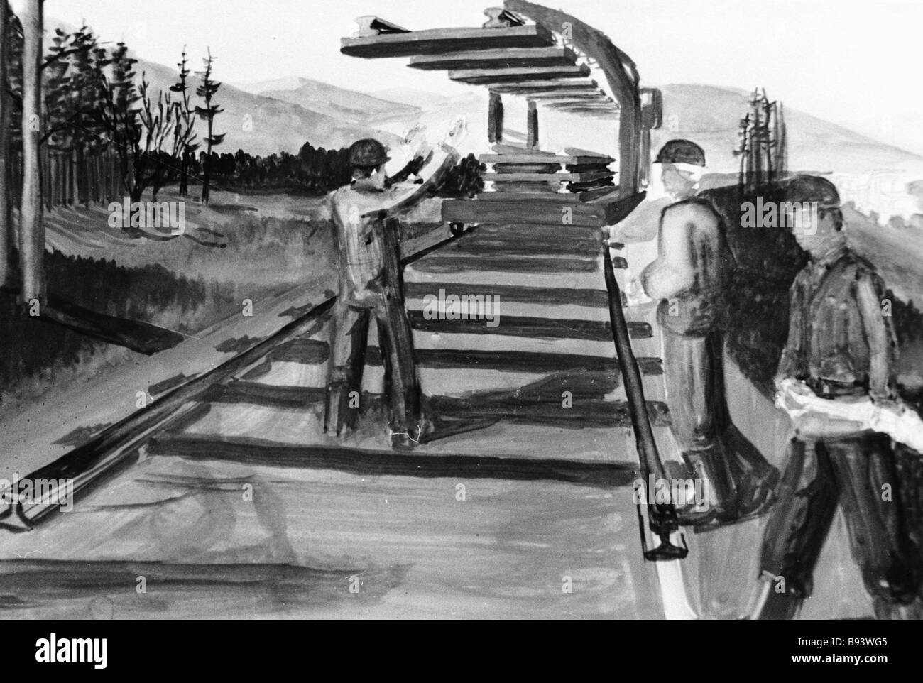 Building BAM Railway a reproduction of a drawing by Viktor Potapov from ...