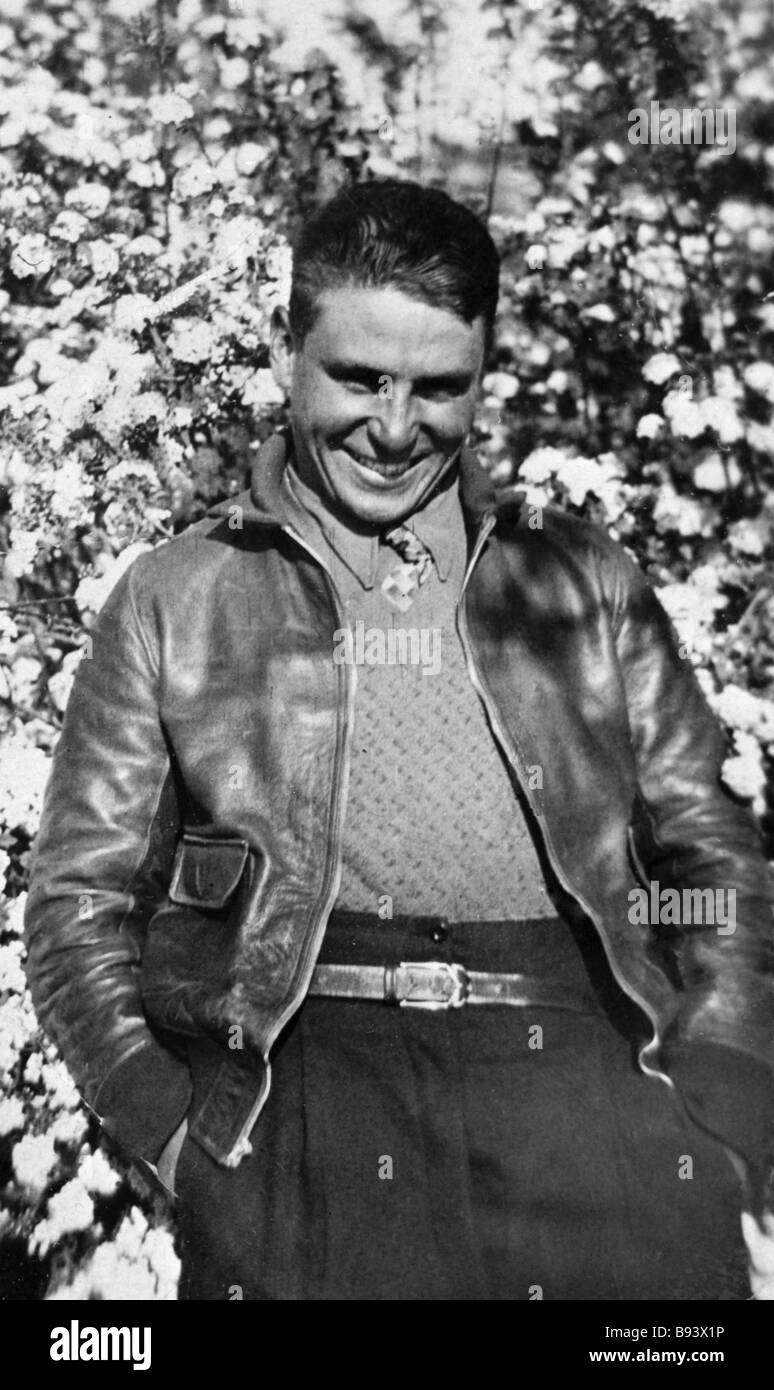 Pilot Alexander Osipenko dressed in the leather pilot s uniform of Spanish Republican army in ...