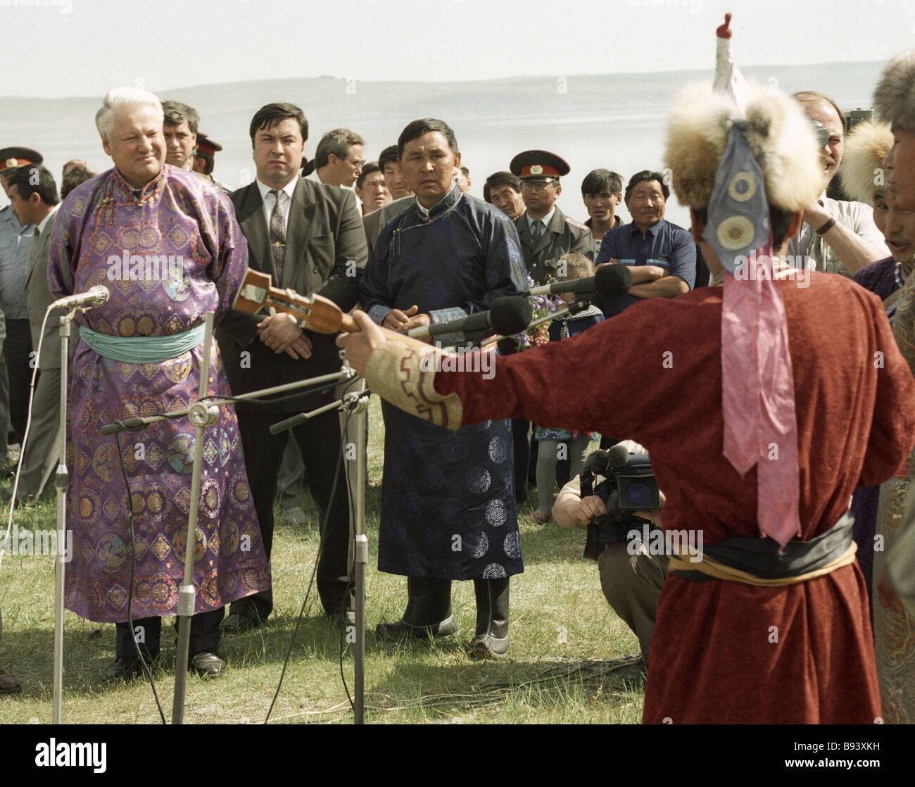 Russian President Boris Yeltsin left dressed in a Tuvinian national ...