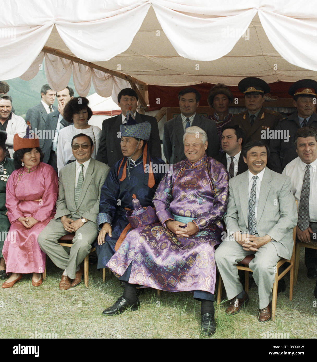 Russian President Boris Yeltsin sitting 2nd right dressed in a Tuvinian ...