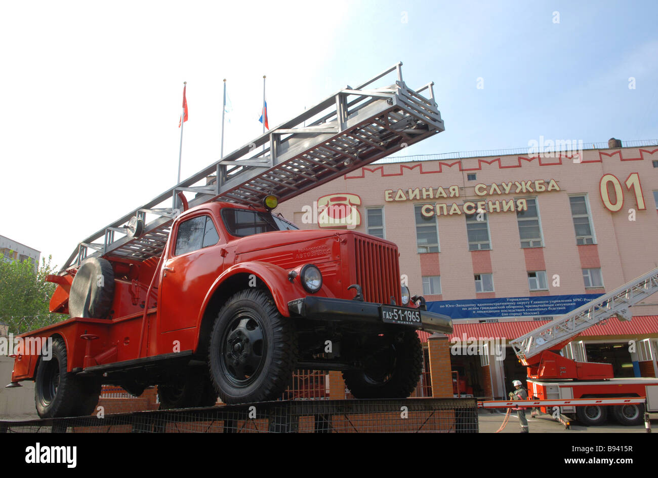 A GAZ 51 fire engine installed near the fire department of the Russian ...