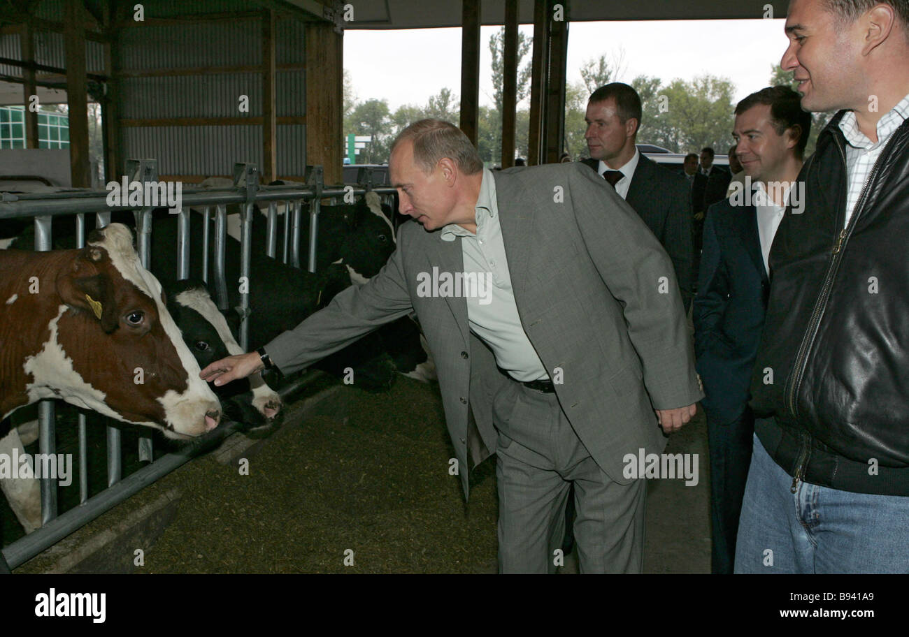 From left to right Russian President Vladimir Putin Director of Belgorodskie Molochnye Fermy ...