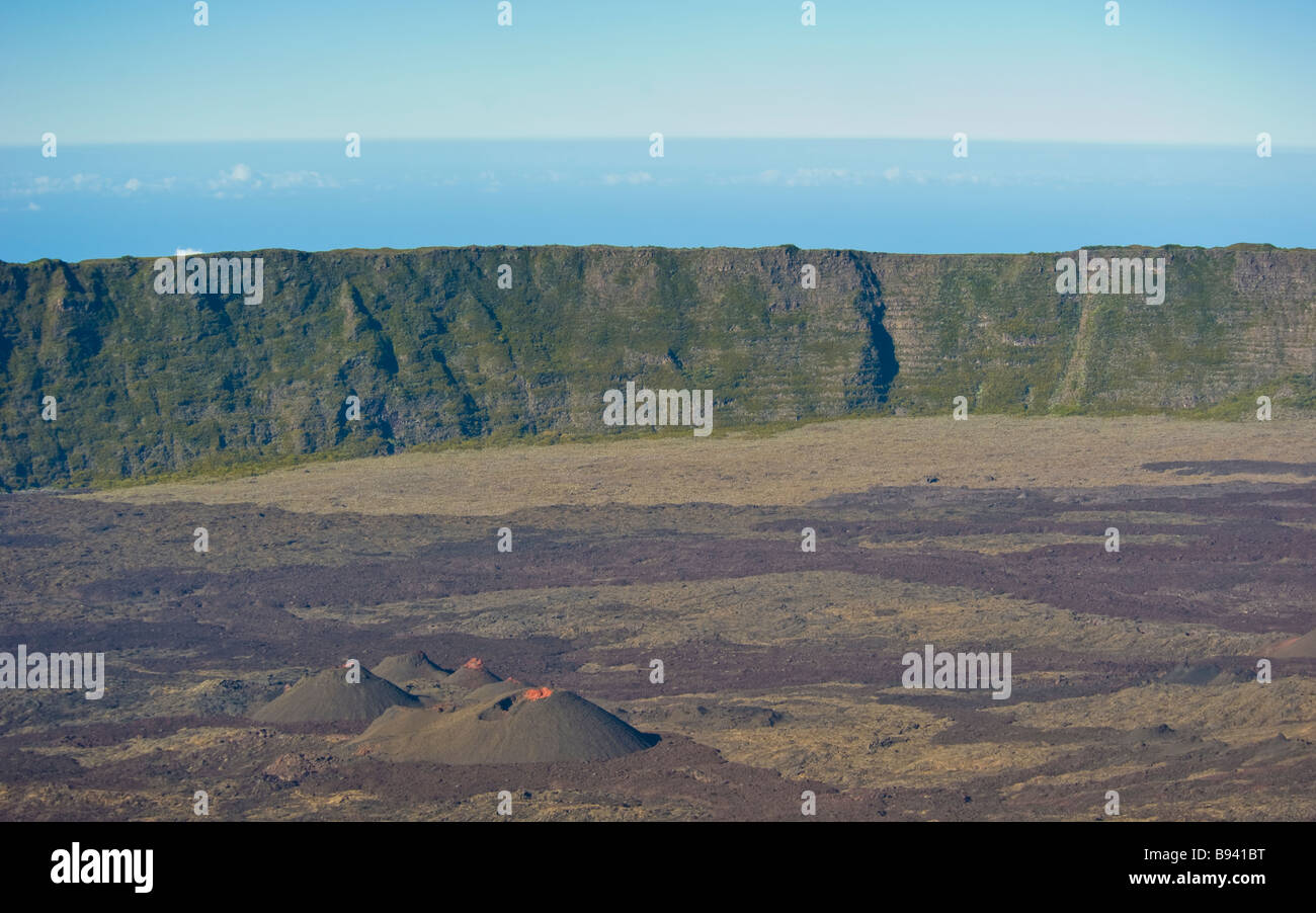 Aerial photo of active volcano crater Piton de la Fournaise, La Réunion ...