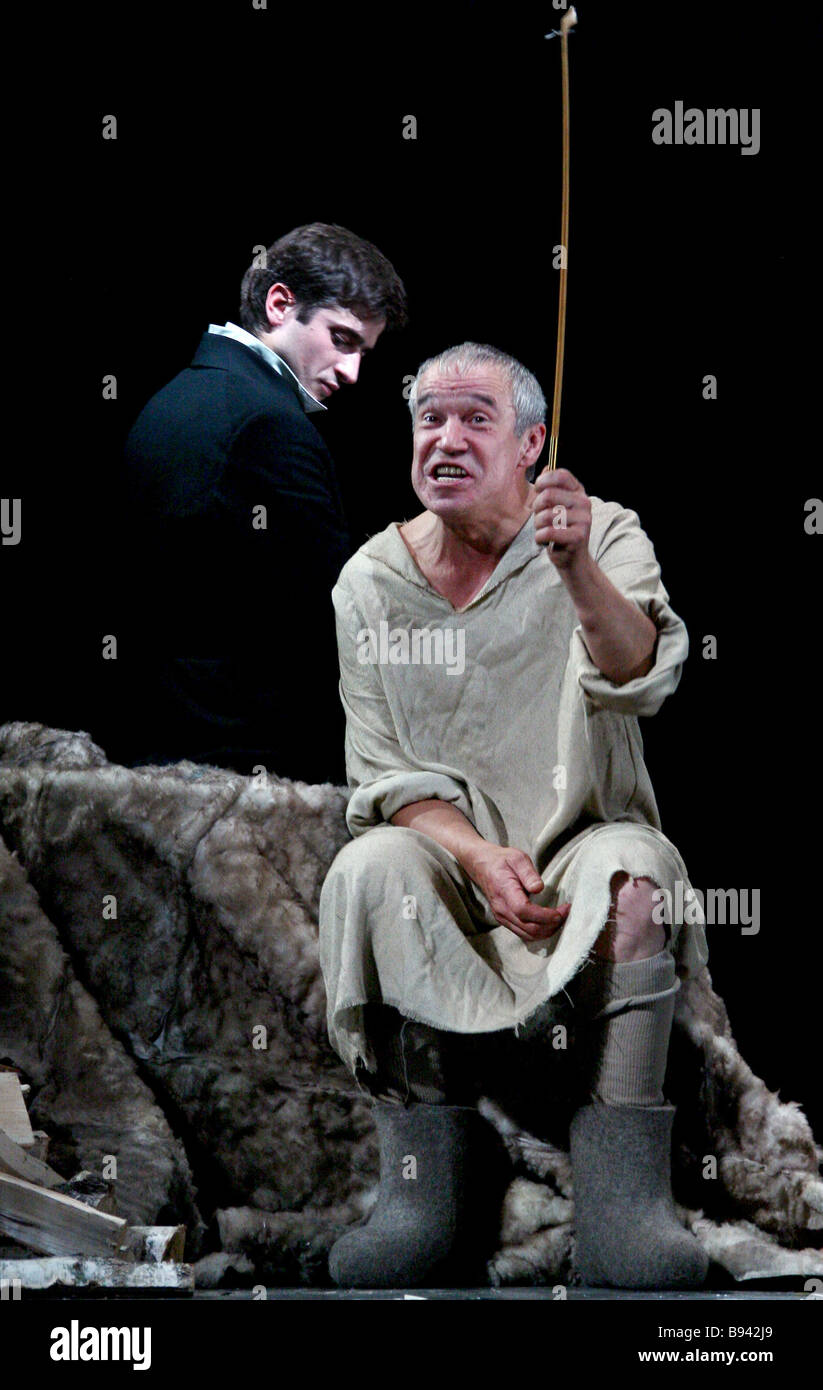 From right Actors Sergei Garmash as Famusov and Ivan Stebunov as ...
