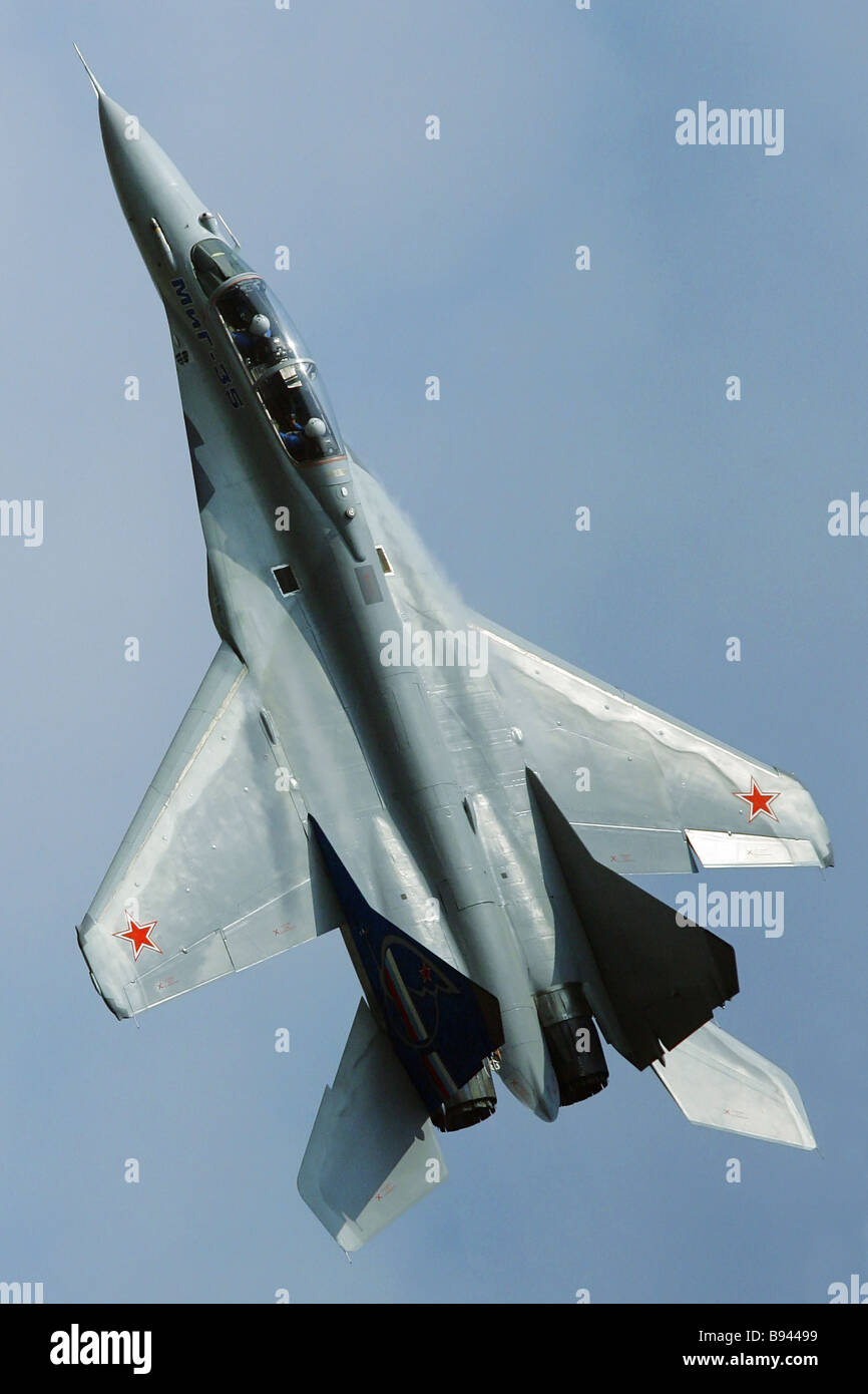 A MiG 35 Fulcrum multi role fighter during a demonstration flight at ...