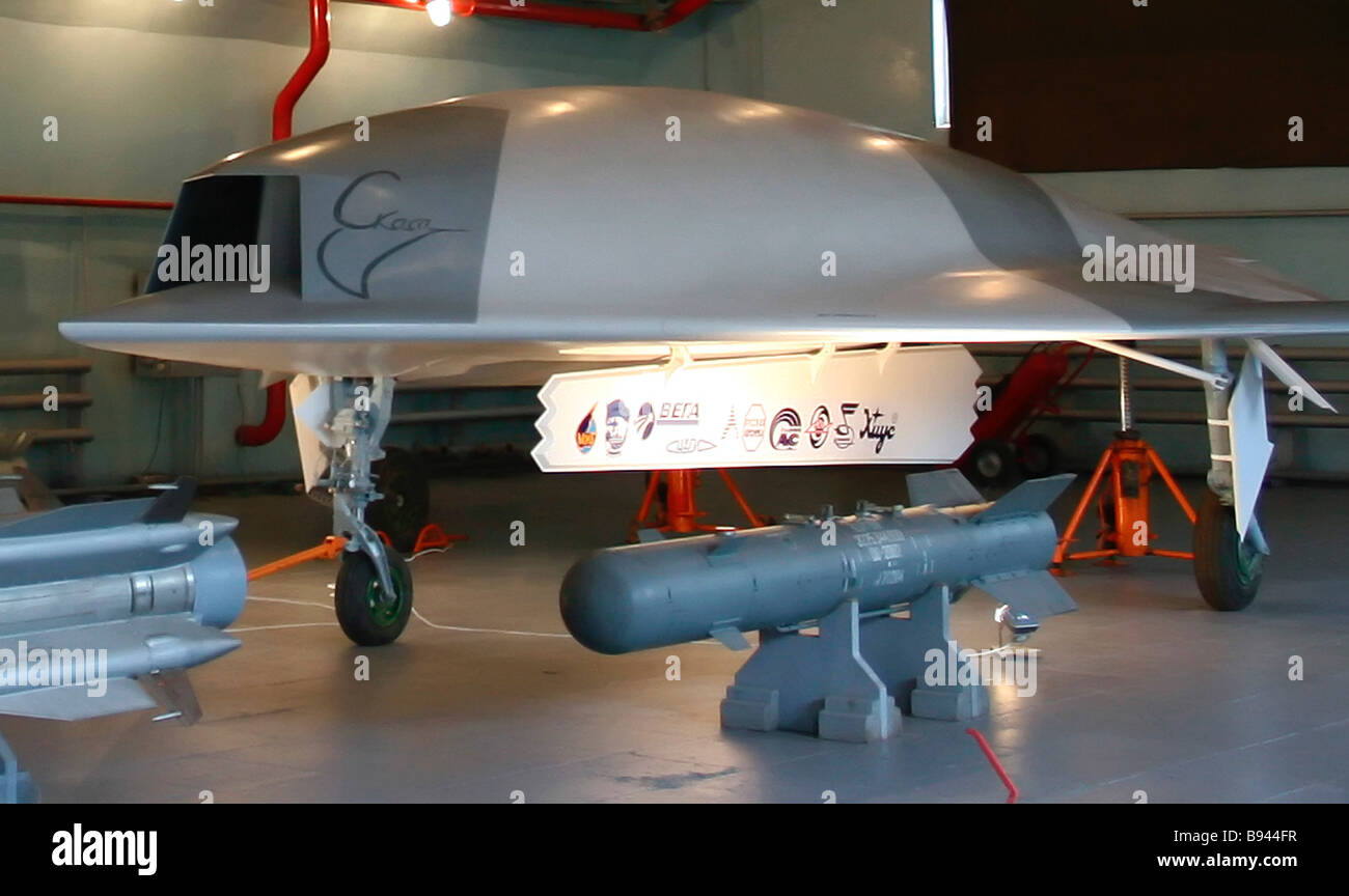 A full sized model of the unmanned aerial vehicle Skat background and ...