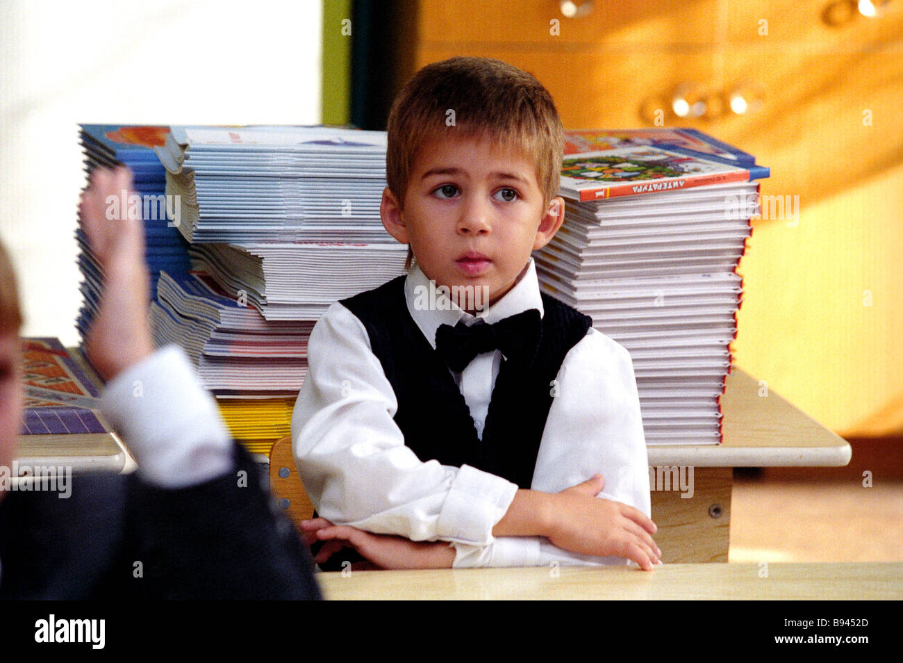 First grade student attends his first lesson at a Moscow school Stock ...