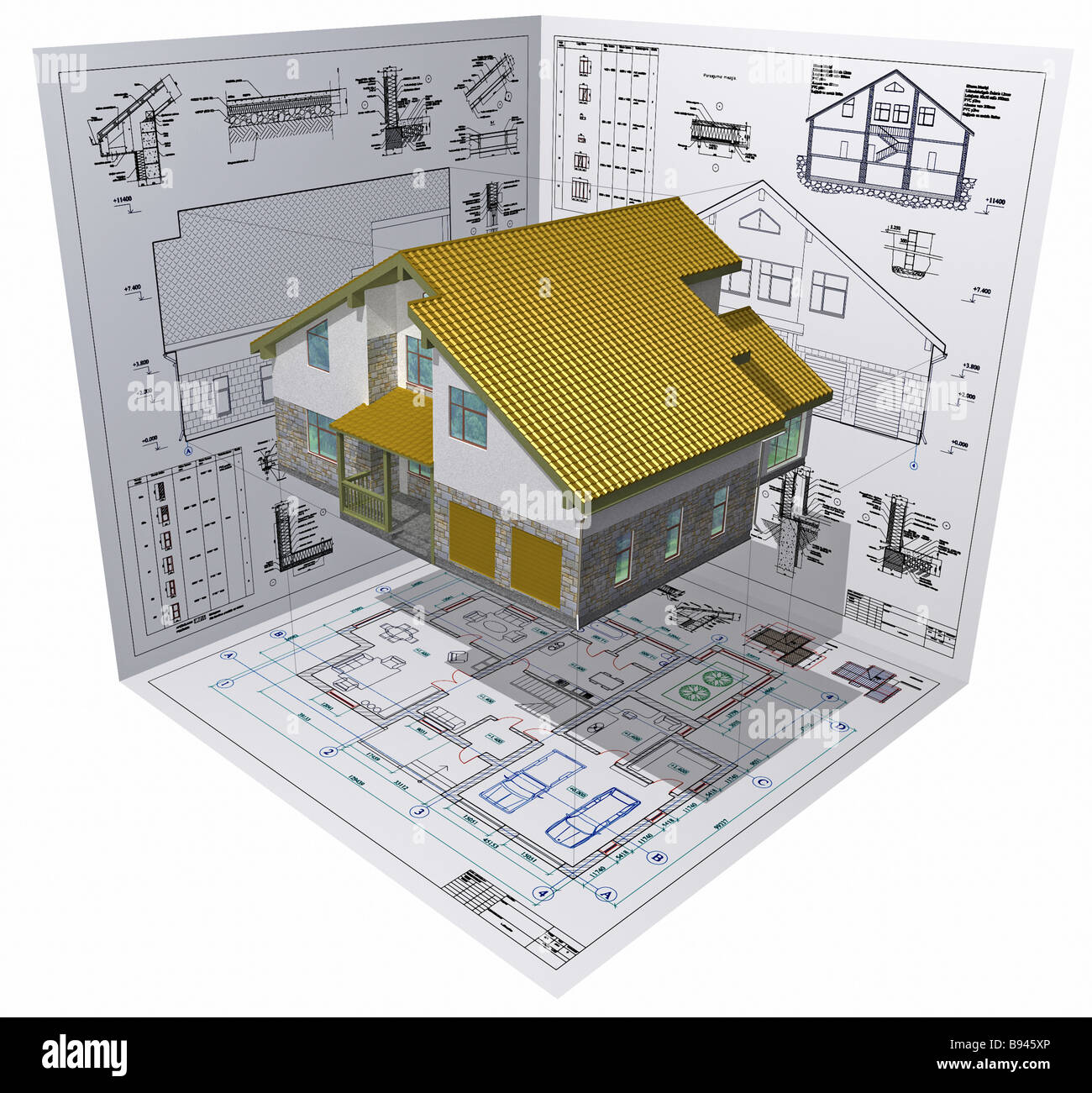 Isometric view the residential house on architect s drawing Stock Photo ...