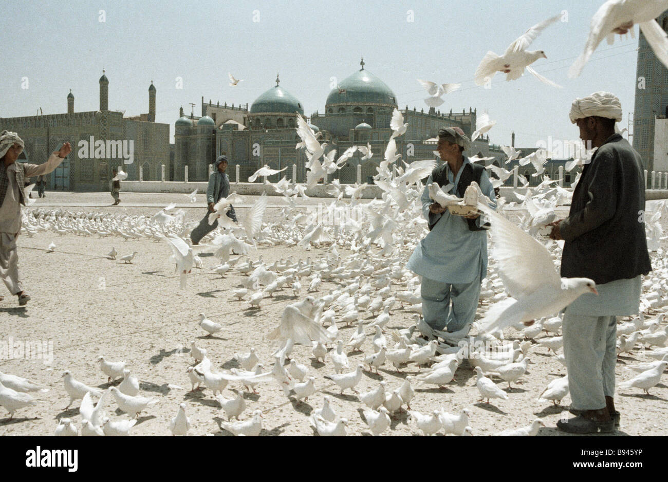 Mazar e Sharif residents feeding the doves in front of Caliph Ali s ...