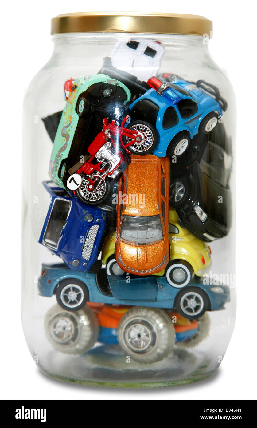 Traffic Jam ed in transparent jar with lid isolated on white background ...