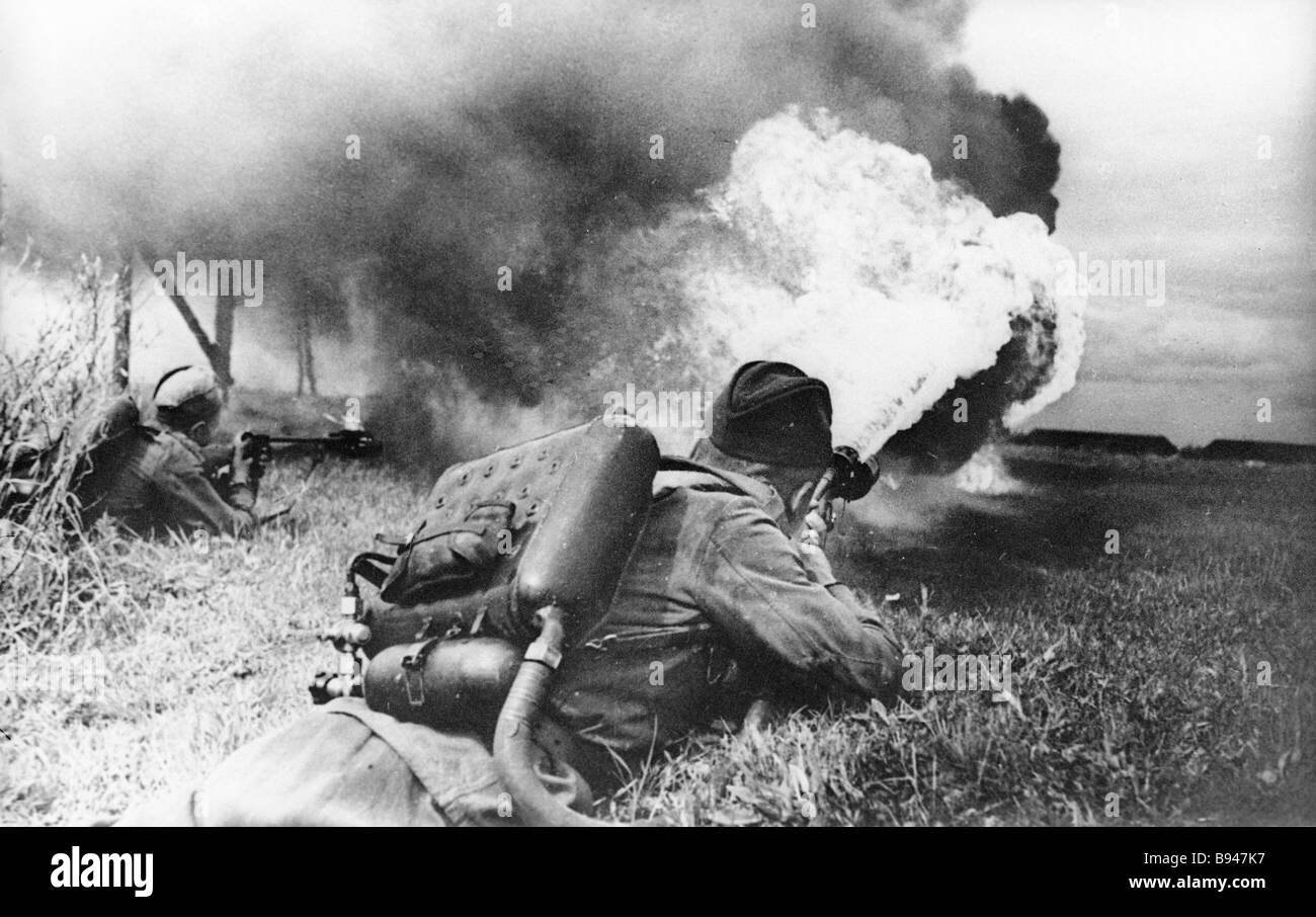 Soldiers of a Red Army flamethrower unit fire at the enemy Stock Photo ...