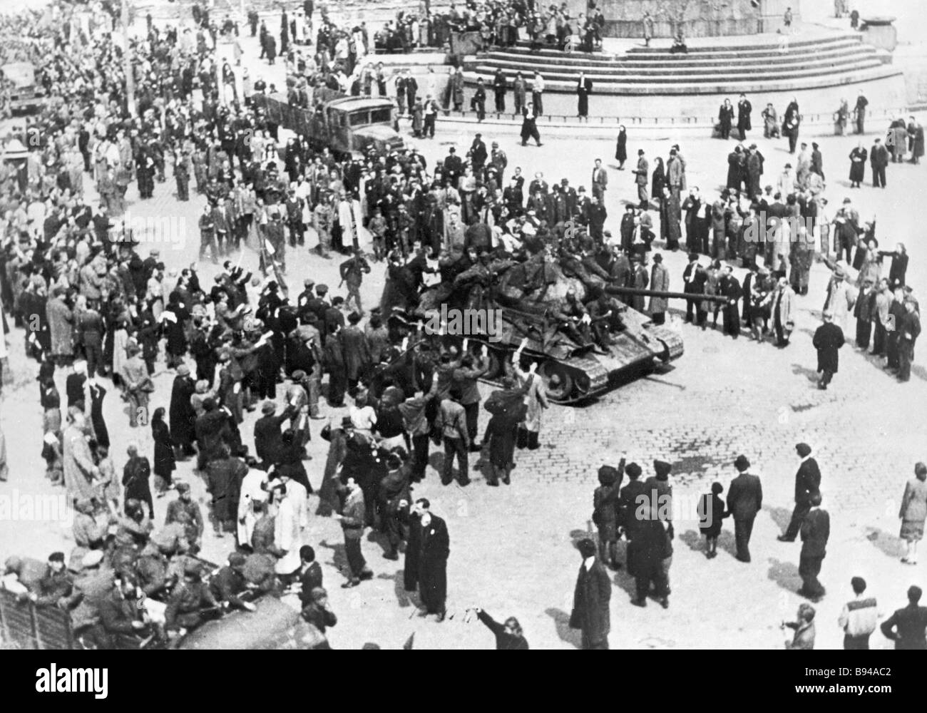 Prague residents welcome Soviet tankmen on Old Town Square Stock Photo ...