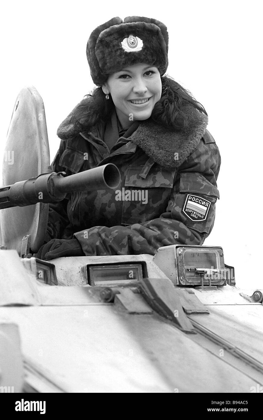 A Miss Red Star girl military officer contestant on the Tamanskaya ...