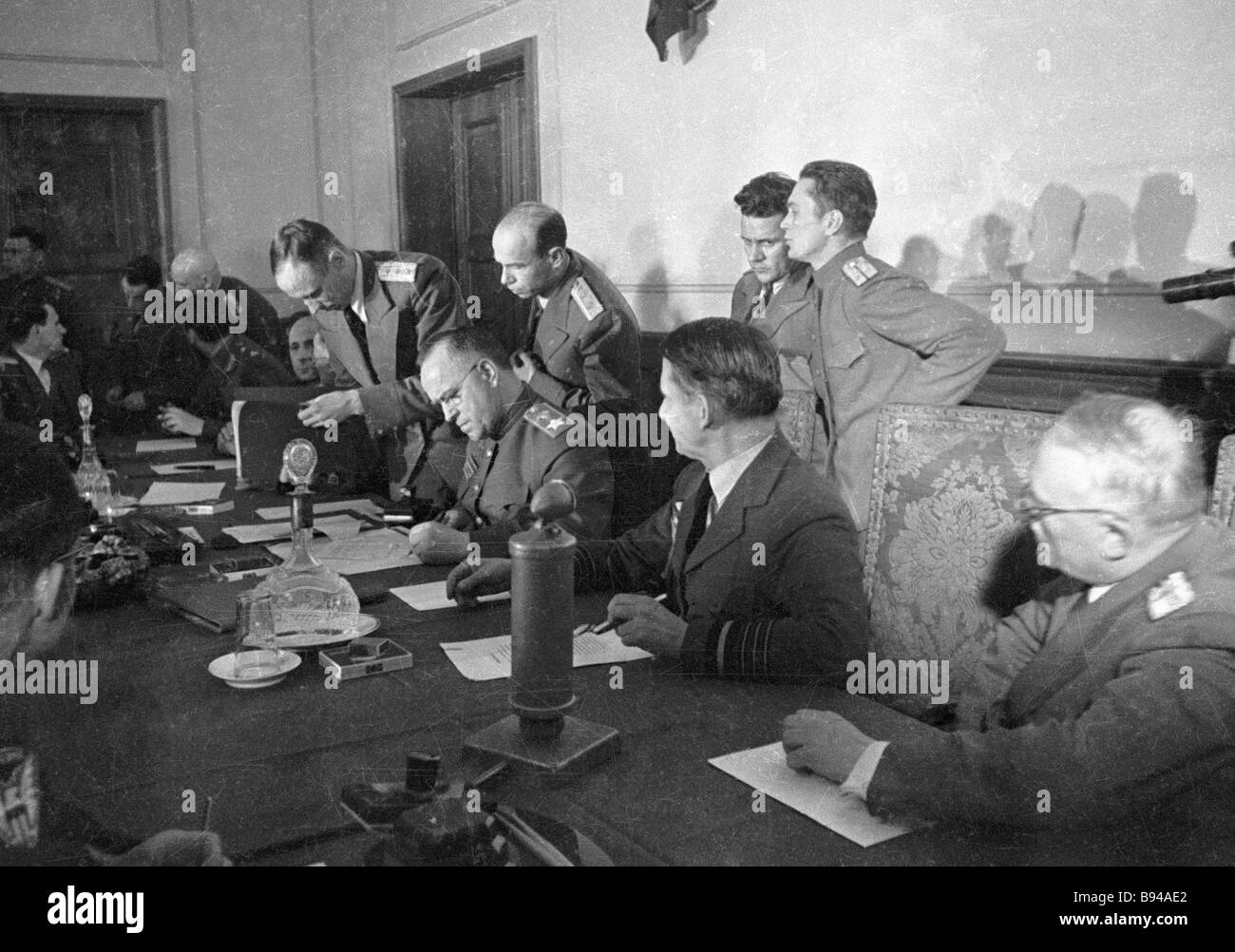 Marshal of the Soviet Union Georgy Zhukov 3rd right sitting signing the ...