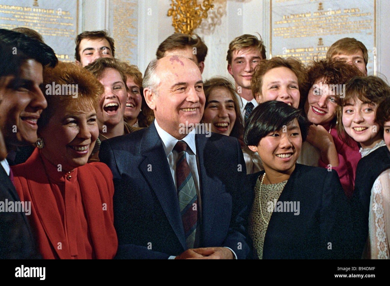 Soviet leader Mikhail Gorbachev in the center and Raisa his wife 2nd to ...