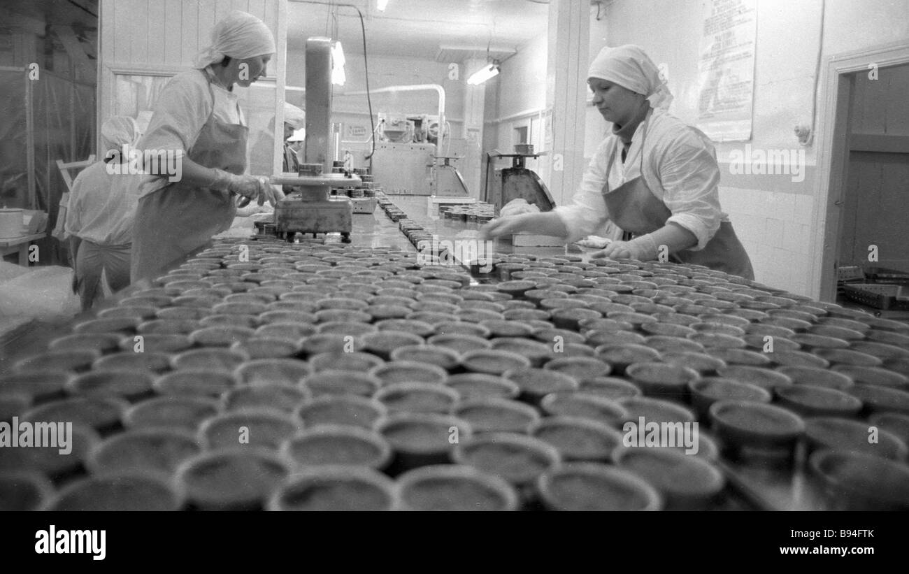 Red caviar pre packing conveyor line in a fish cannery Island Iturup ...