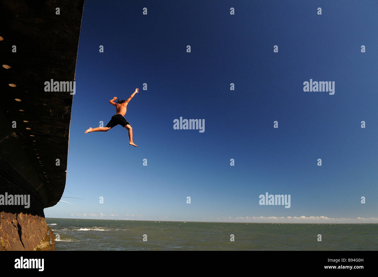 jump, boy, horizon, sky, rambla, blue, water, summer, enjoy Stock Photo ...