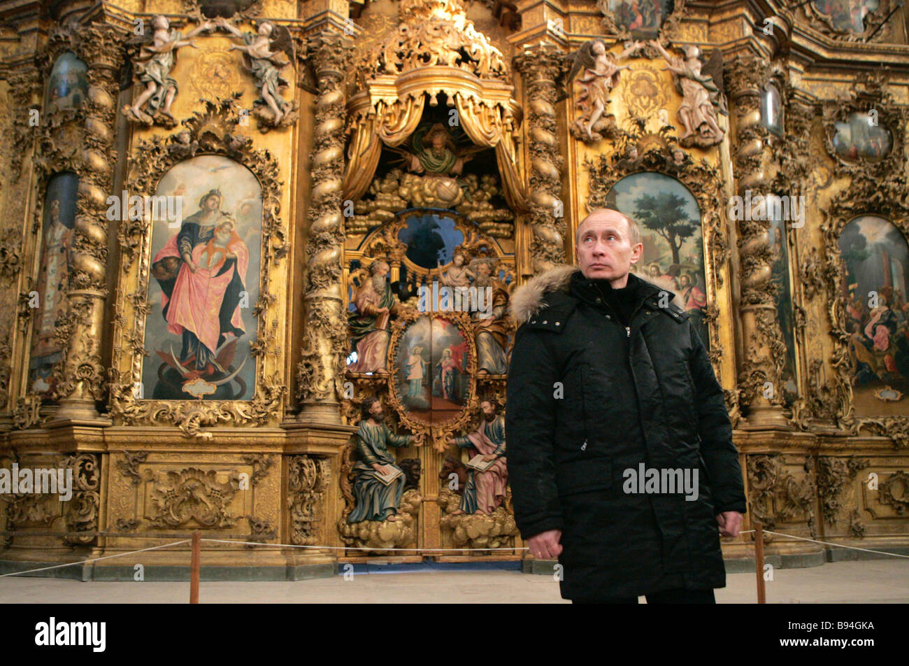 President Vladimir Putin visiting the Trinity Cathedral of the Troitsko ...