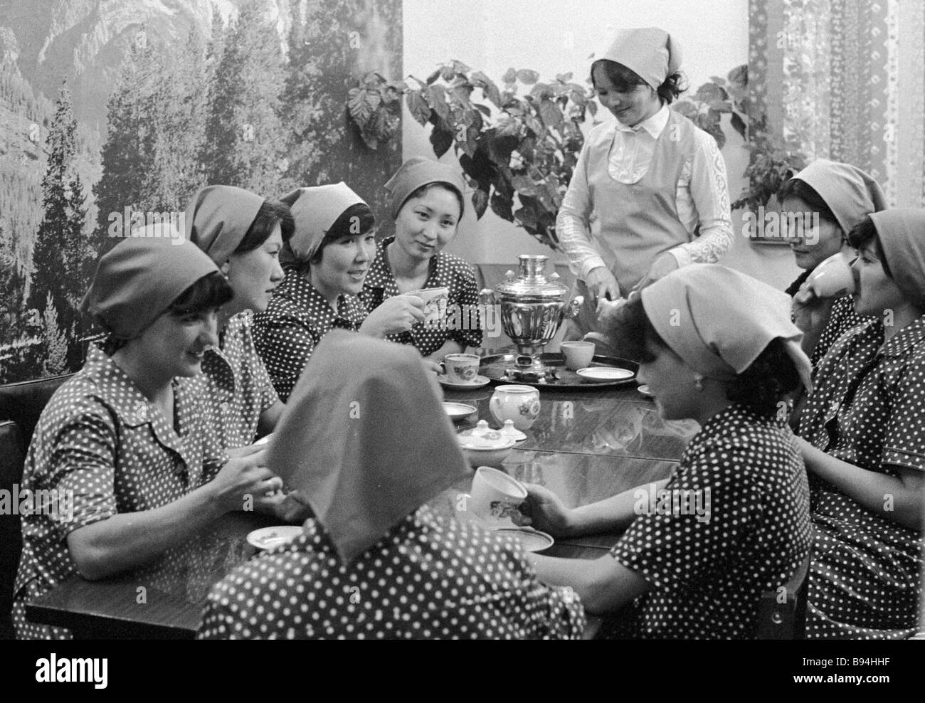 Workers of Alma Ata cotton factory drink tea in a rest room Stock Photo ...