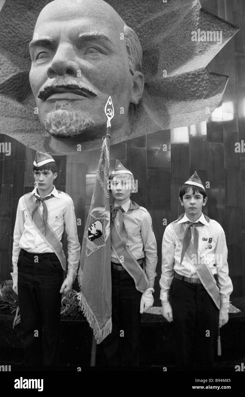 Young Pioneer guards of honor at a museum pavilion of the train that ...