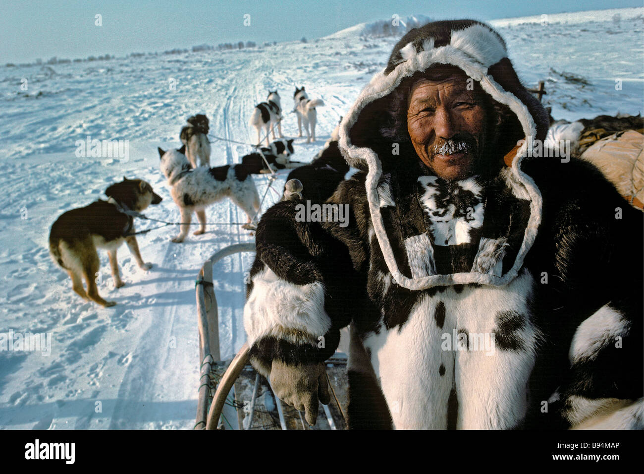 A dog team driver of the Koryak village of Ilpyr on the Russian Pacific ...