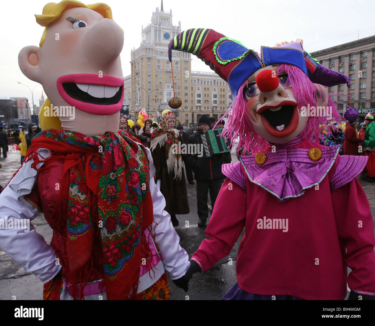 Clown dolls performing in Triumfalnaya Square in the Moscow center on a ...