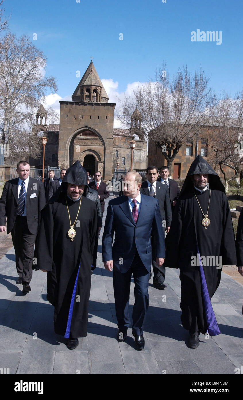 After a talk Russian President Vladimir Putin centre and the Catholicos ...