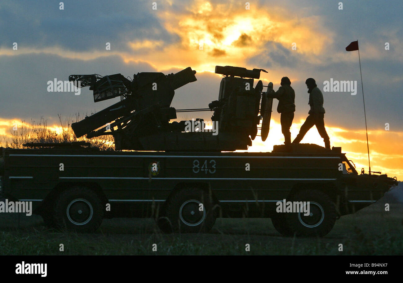 An Osa antiaircraft missile system in a tactical combat firing exercise ...