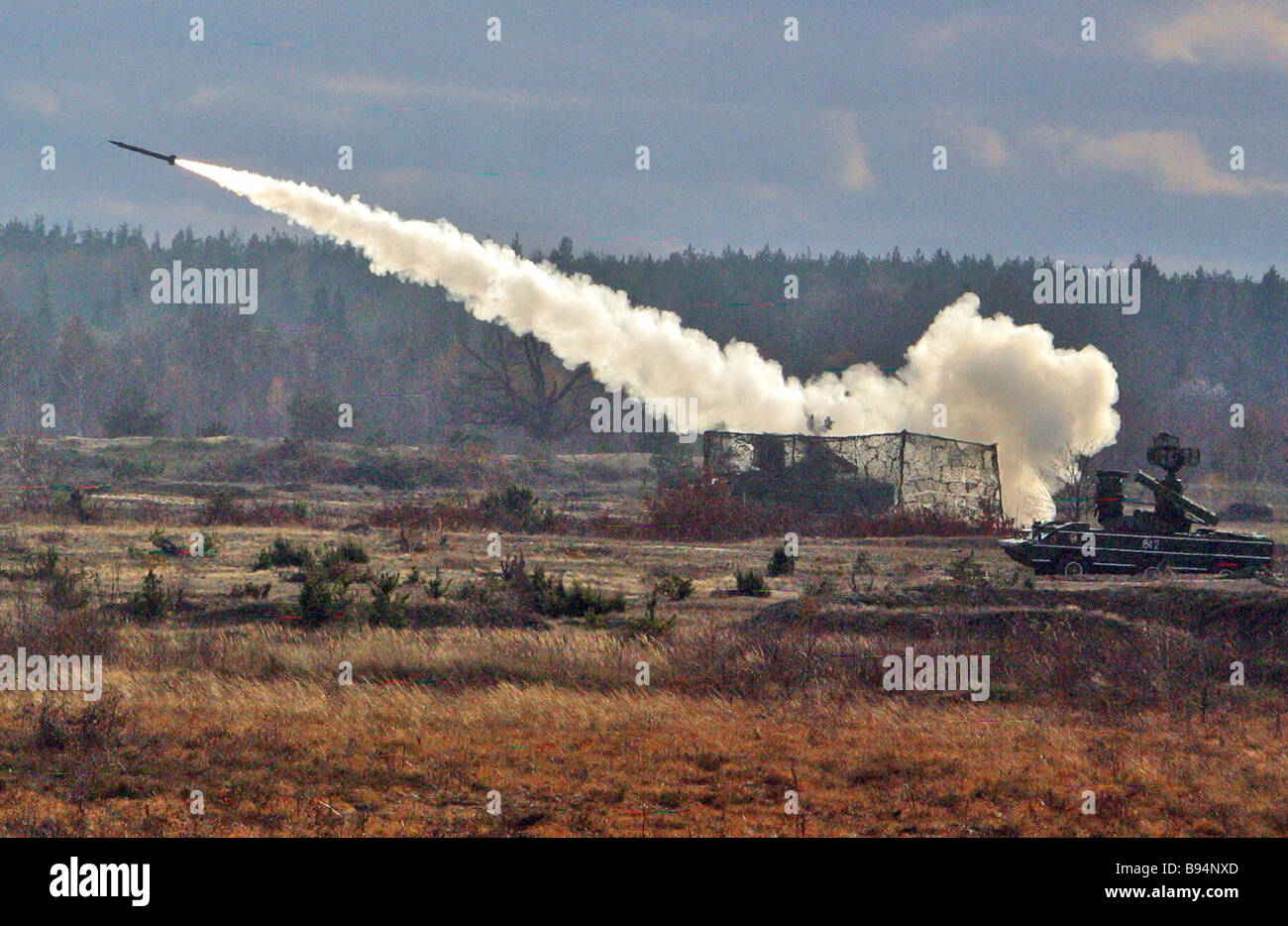 Missile launch from an Osa antiaircraft missile system during a ...