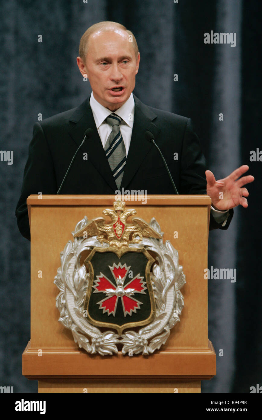 Russian President Vladimir Putin addresses the personnel on the new ...