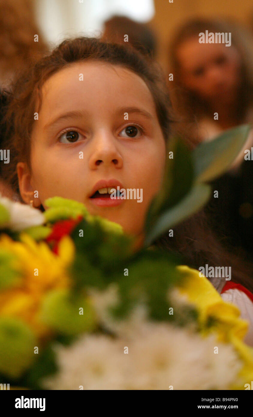 First form girl at her first class in a Moscow general school Stock ...