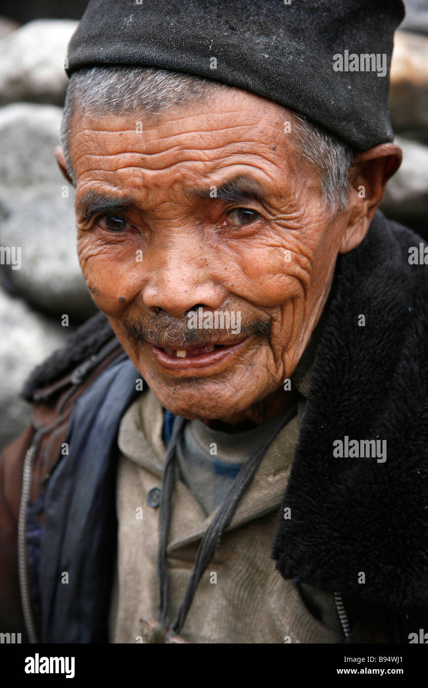Annapurna Nepal 20 March 2008 Portrait of poor 79 year old man in his ...