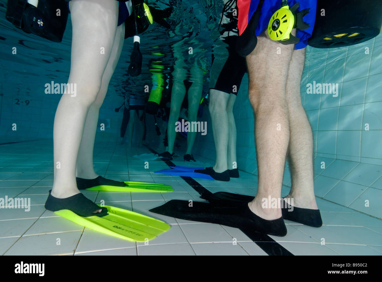People standing in pool with fins seen underwater Stock Photo - Alamy