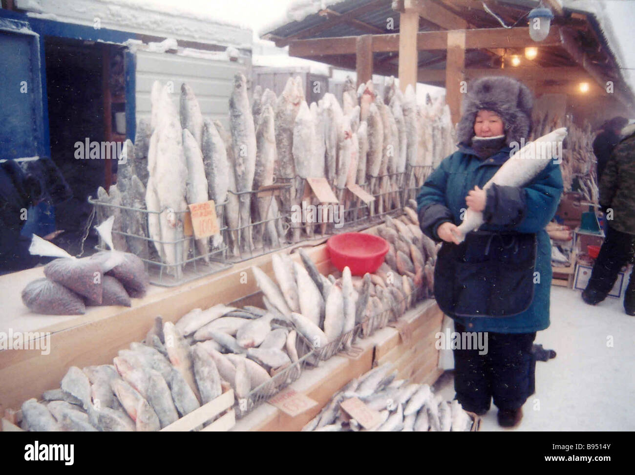 Selling fish in a Yakutsk market on a frosty day Stock Photo - Alamy