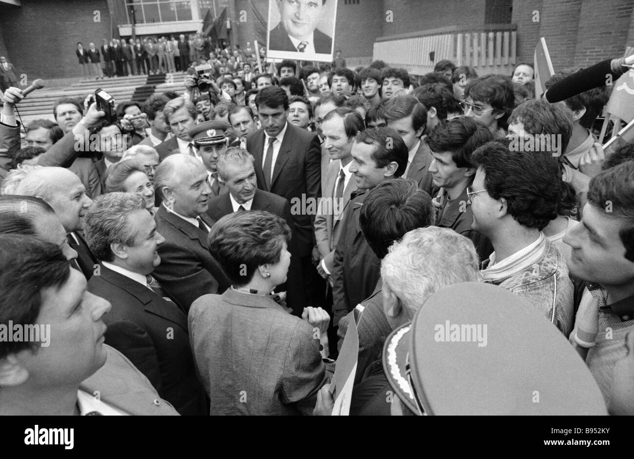 Soviet leader Mikhail Gorbachev left in the center talks to students of ...
