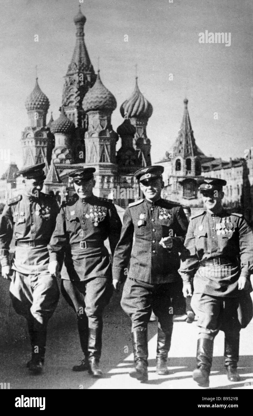 Heroes of the Soviet Union and Pilots Alexander Pokryshkin second left ...