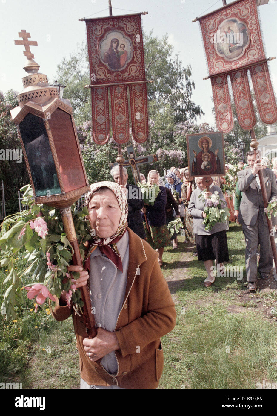 Village residents carrying icons during a religious procession on ...