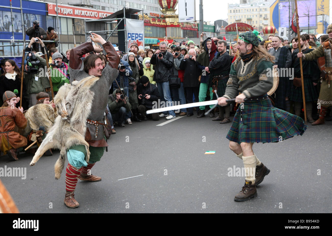 Medieval battle dance in St Patrick s Day parade Novy Arbat one of ...