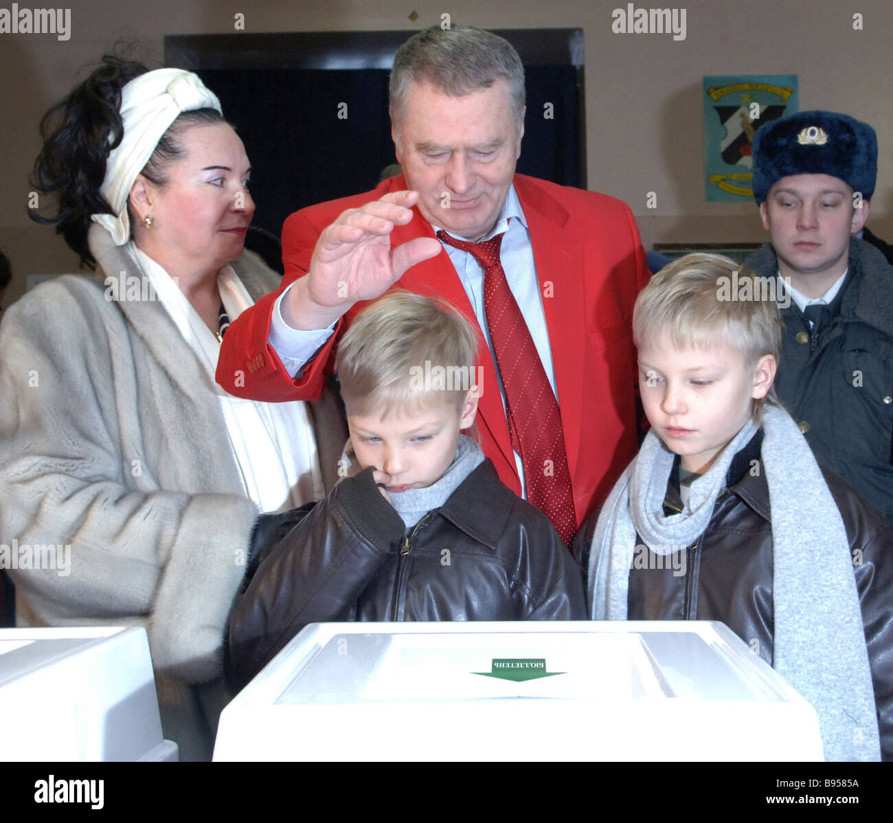 LDPR leader Vladimir Zhirinovskyt his wife Galina and their grandsons at one of the polling ...