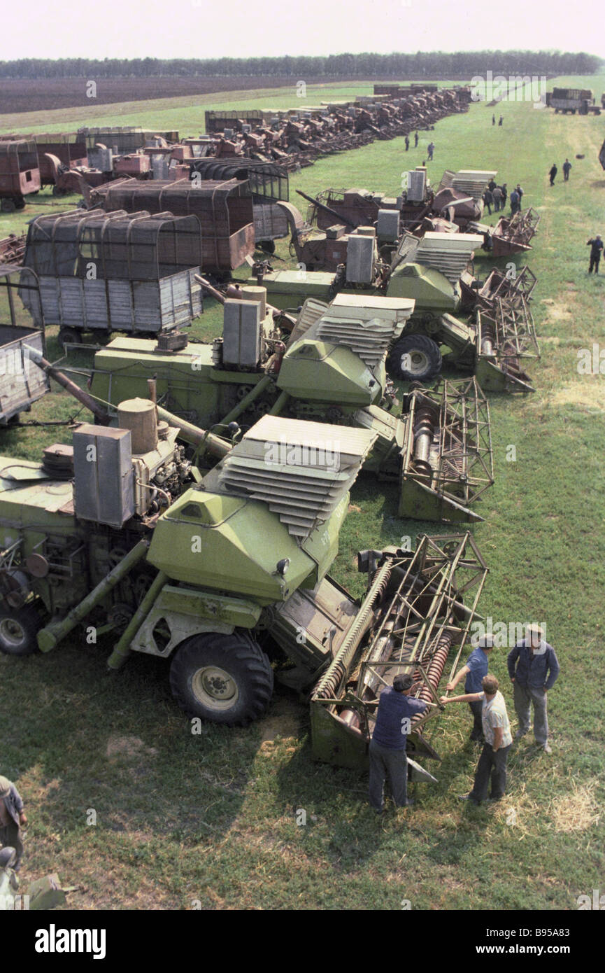 Farm machinery at a collective farm is ready for agricultural work ...