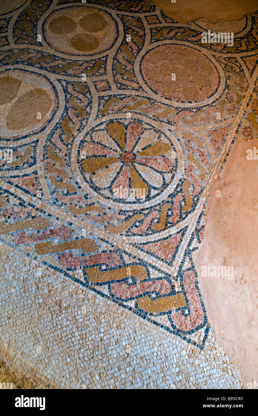 Floor mosaic of ancient Byzantine church in Mesada archaeological site ...